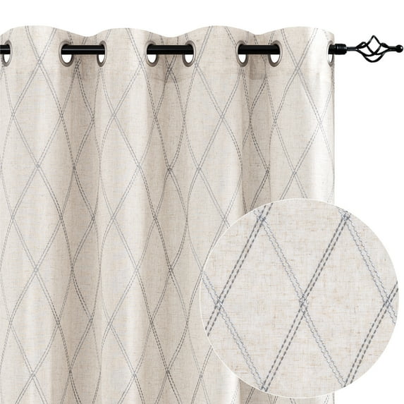JINCHAN Linen Embroidered Curtains, Geometric Pattern, Grey on Beige ...