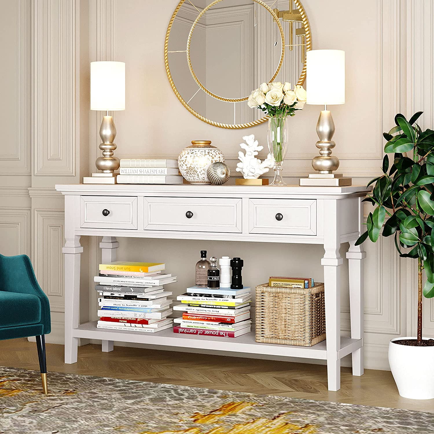 JINCHANCHAN 50" Retro Style Console Table Solid Wood Frame Sofa Table ...