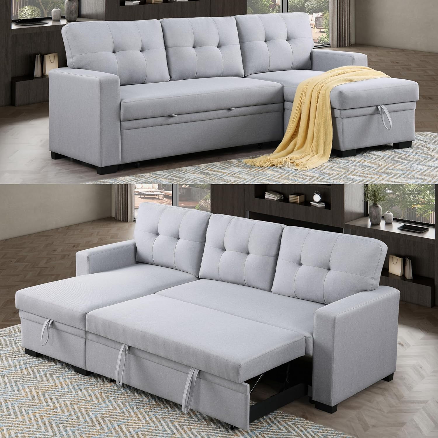 JINCHANCHAN Reversible Sleeper Sectional Sofa L-Shaped Corner Pull Out ...