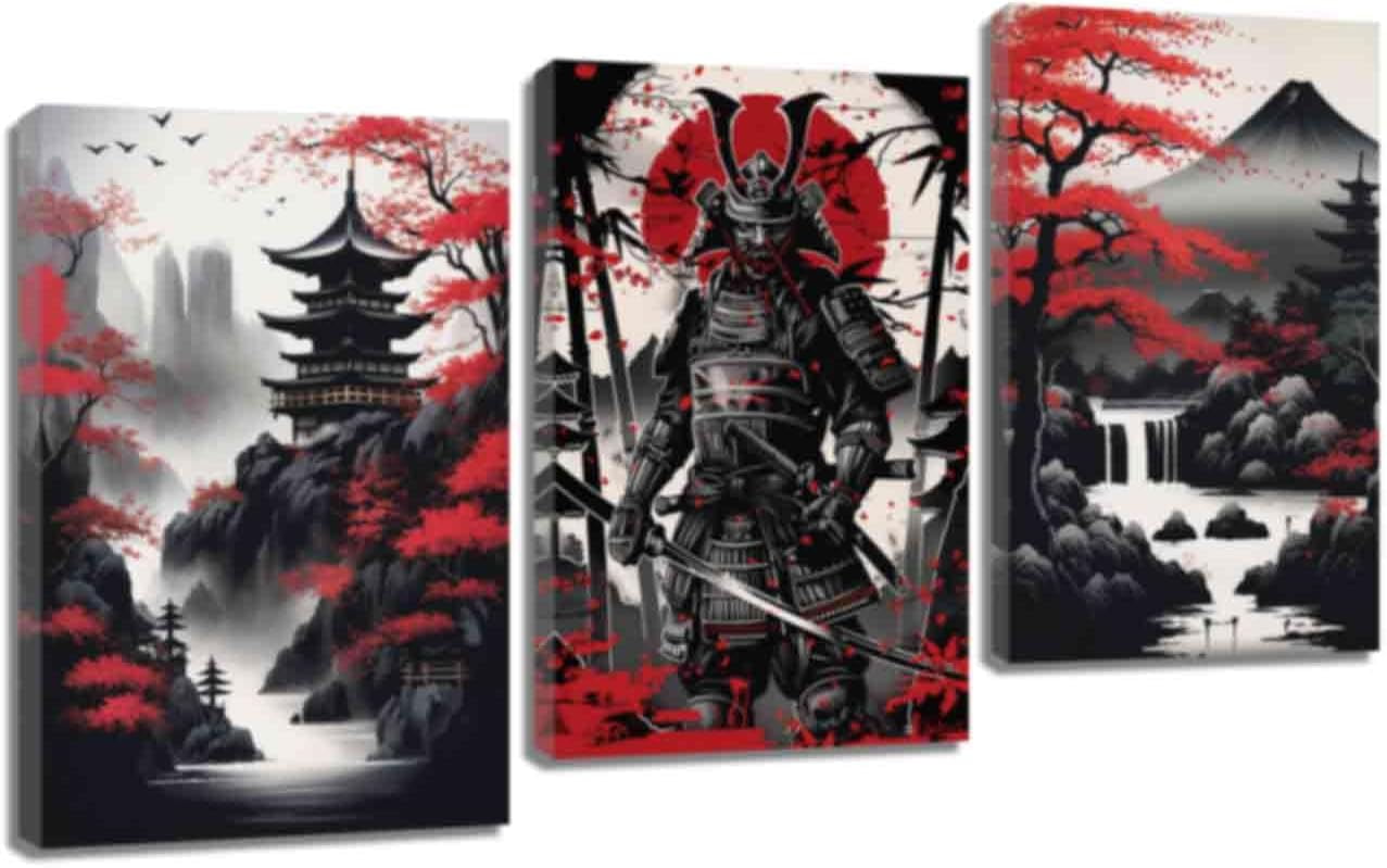 JING1 Japanese Samurai Wall Art 3 Panel Armored Samurai Mount Fuji ...