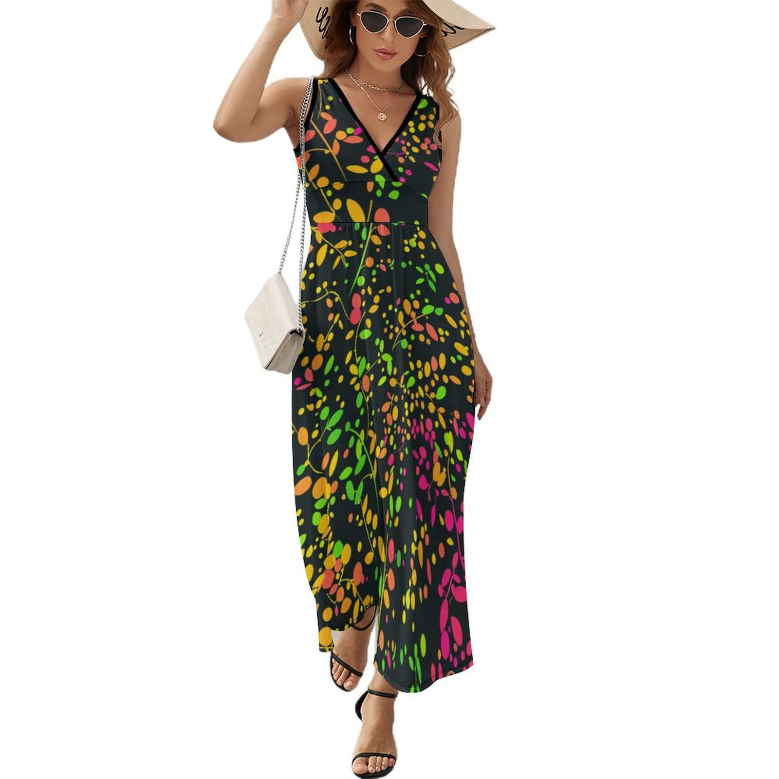 JINGDS Vivid Neon Ditsy-29 Women Maxi Dress, V Neck Summer Dress ...
