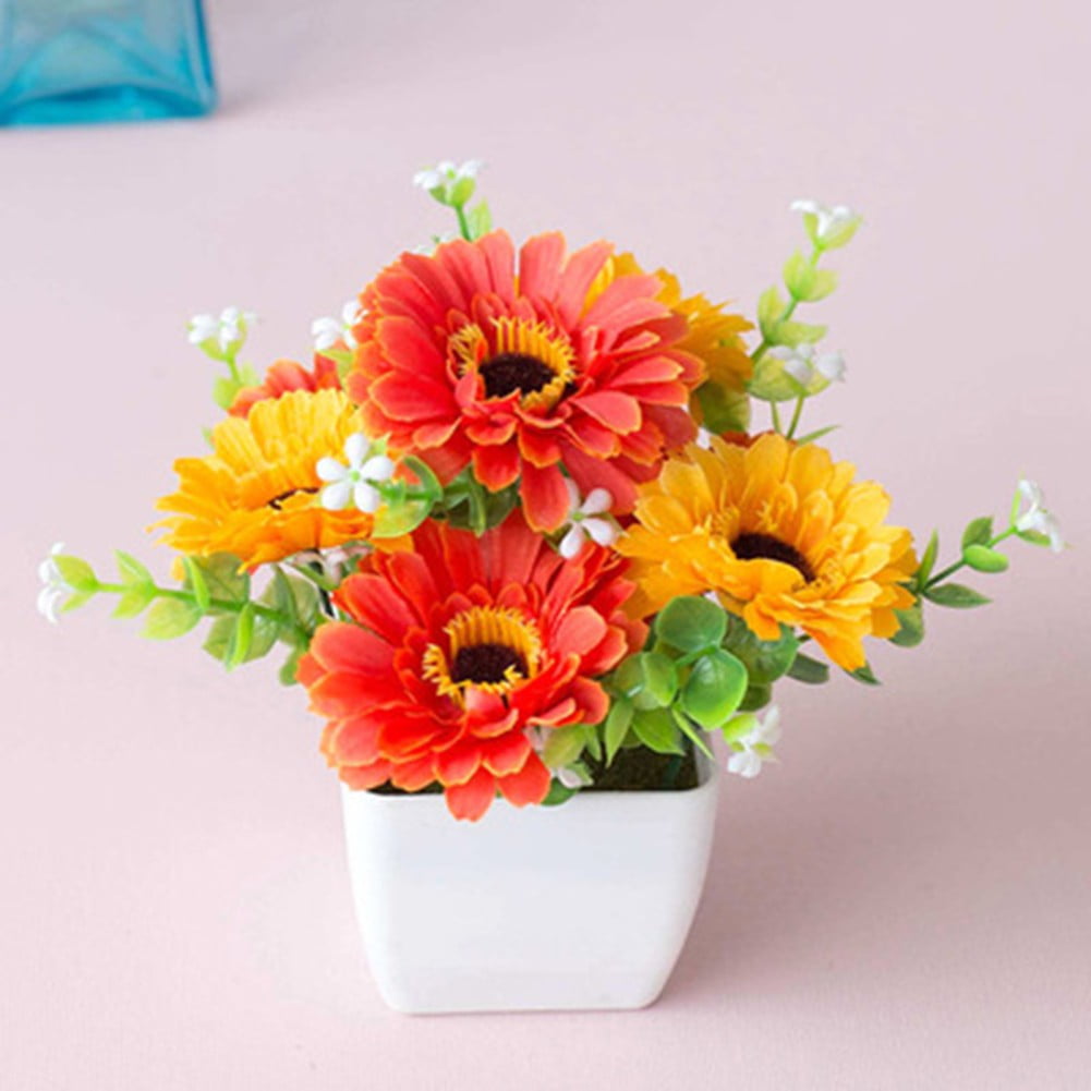 JINGT Mini Sunset Artificial Flowers Fake Plants In Pot Grass Garden ...