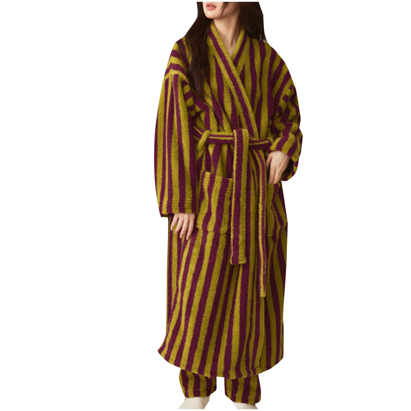 JINGWANGYHBD Long Robes for Women Stripe Thick Warm Bathrobe ...