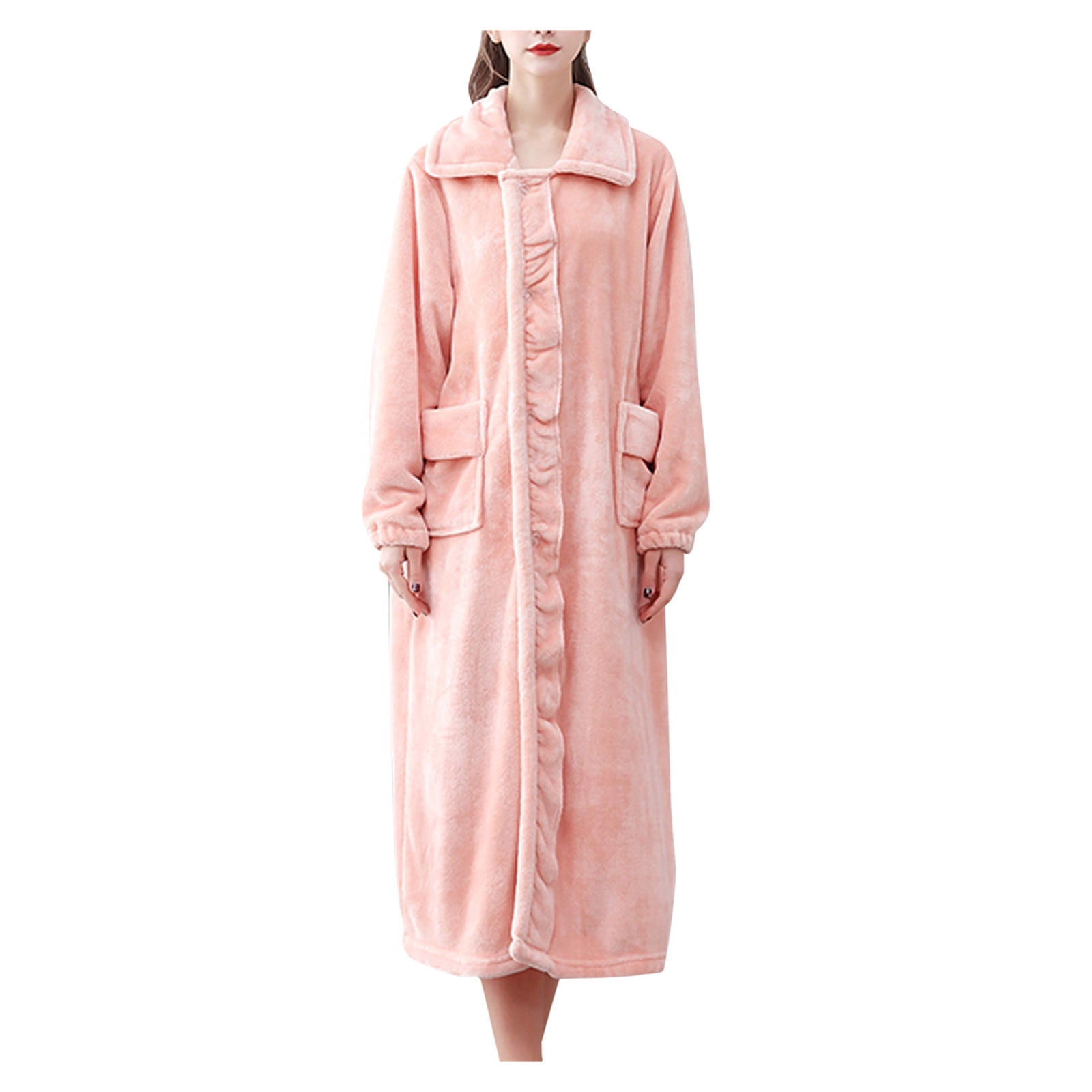 JINGWANGYHBD Women Long Robes Fleece Botton Warm Sleepwear Soft Cozy ...