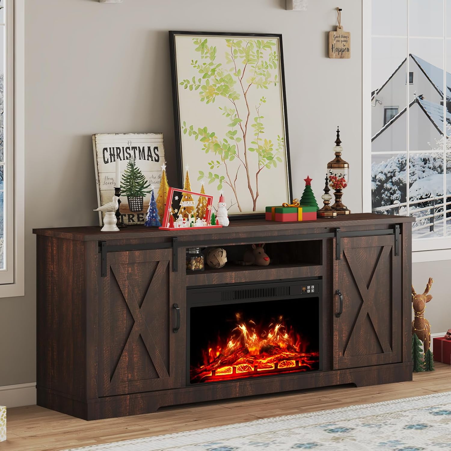 JINGYUN Fireplace TV Stand with Sliding Barn Door for TVs up to 73", Farmhouse 63" Fireplace ...