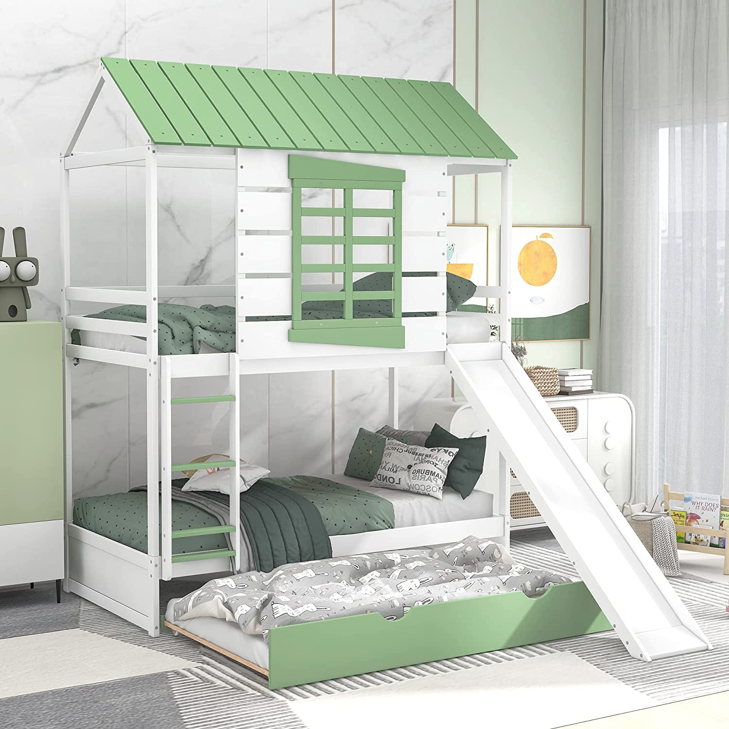 JINGYUN House Bunk Bed with Convertible Slide and Trundle, Solid Wood ...