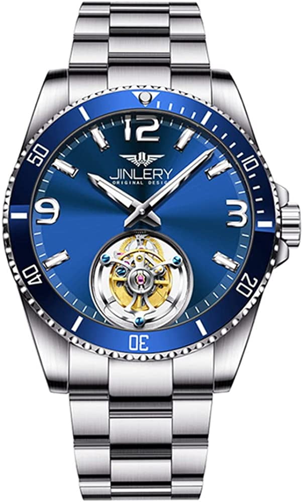 JINLERY Men Green Water Tourbillon Watch Ghost Skeleton Mechanical Hand ...