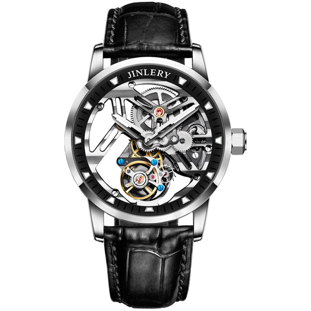 JINLERY Real Tourbillon Skeleton Mechanical Hand Wind Vintage Wrist ...