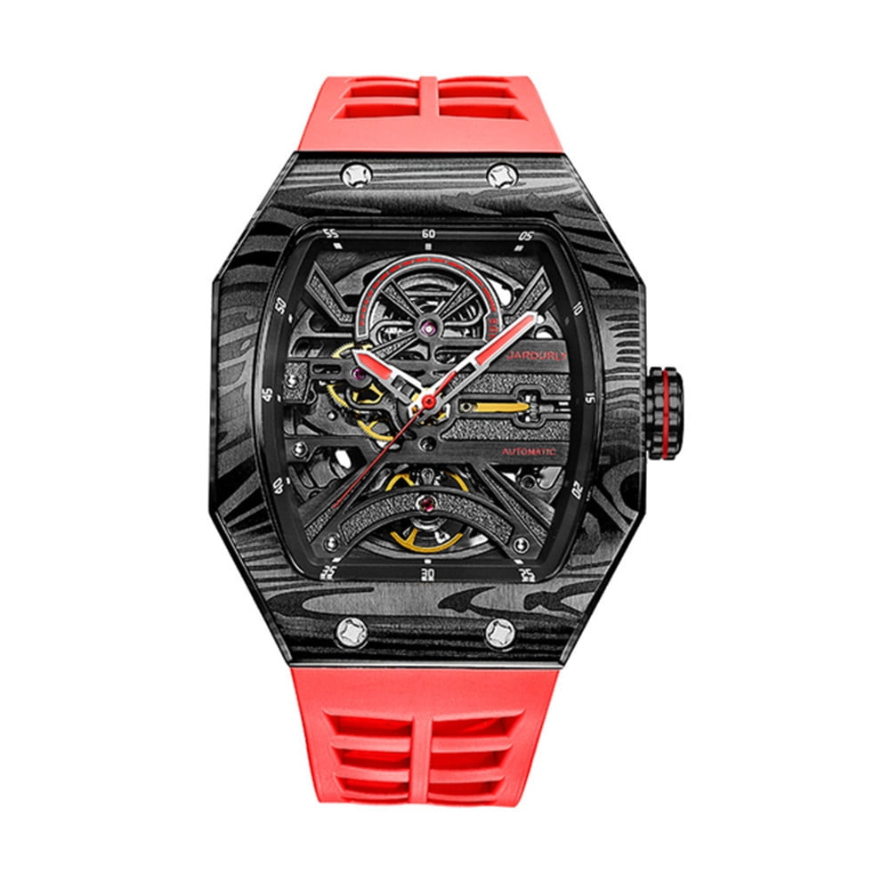JINLERY Skeleton Automatic Mechanical Men Tourbillon Tonneau Wrist Watch Steel Silicone Sapphire ...