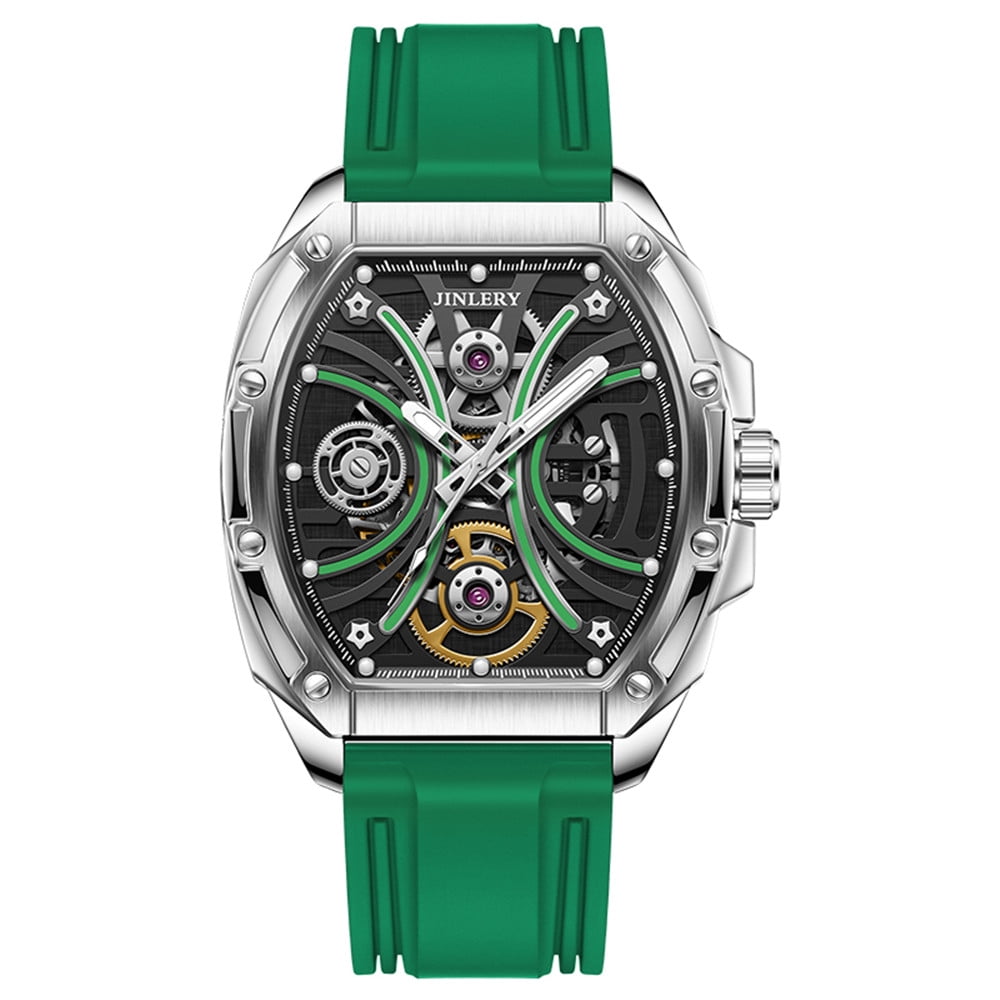 JINLERY Skeleton Automatic Self-Wind Men Tonneau Wrist Watch Stainless ...