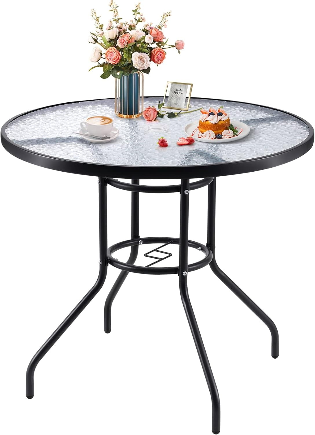 JINLLY 32 Inch Patio Table with Umbrella Hole, Round Glass Patio Table ...