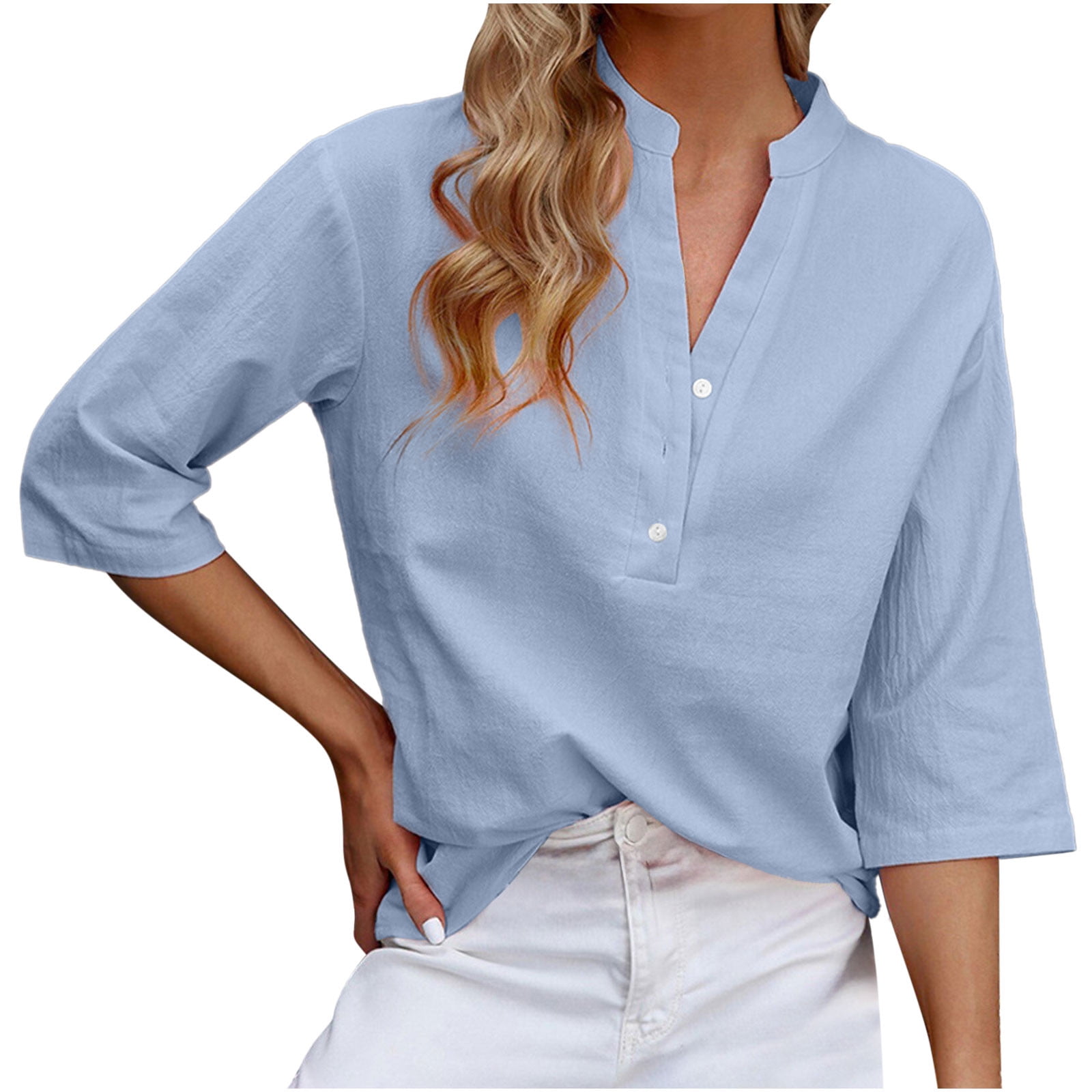 JINMGG Womens Tops,Women's V-Neck Long Sleeve Loose Button Cotton and ...