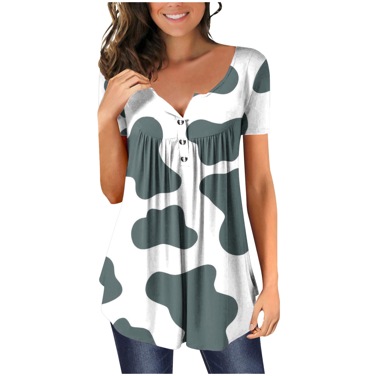 JINMGG Womens Tops Clearacne Women's Round Neck Cover Cow Print Top ...