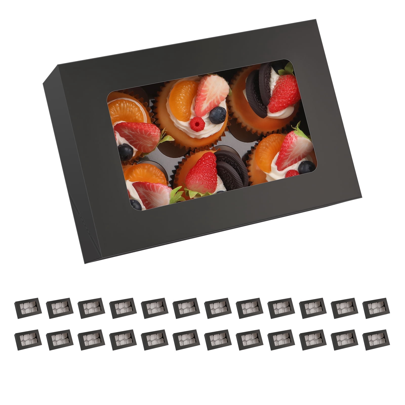 JINMING 6 Count Cupcake Boxes with Window and Inserts, 25 Pack Black ...