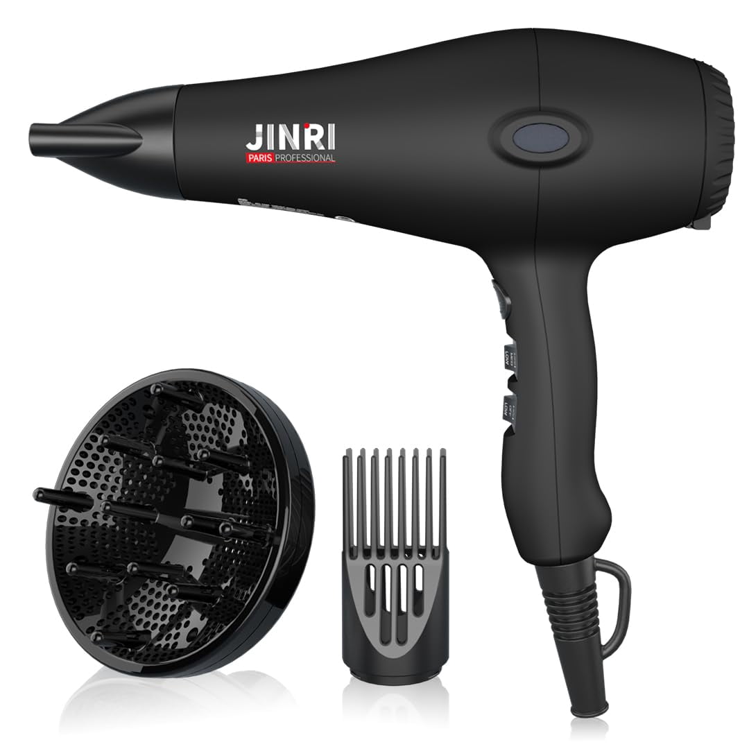 JINRI Hair Dryer, 1875W, 3 Heat & 2 Speed, with Diffuser, with ...