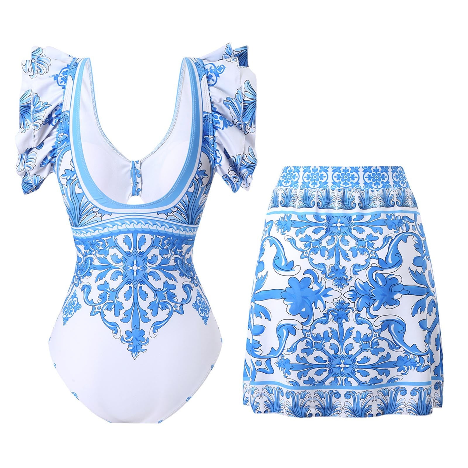 JINRUIm Women’s Backless One-Piece Swimsuit with Floral Wrap Skirt ...