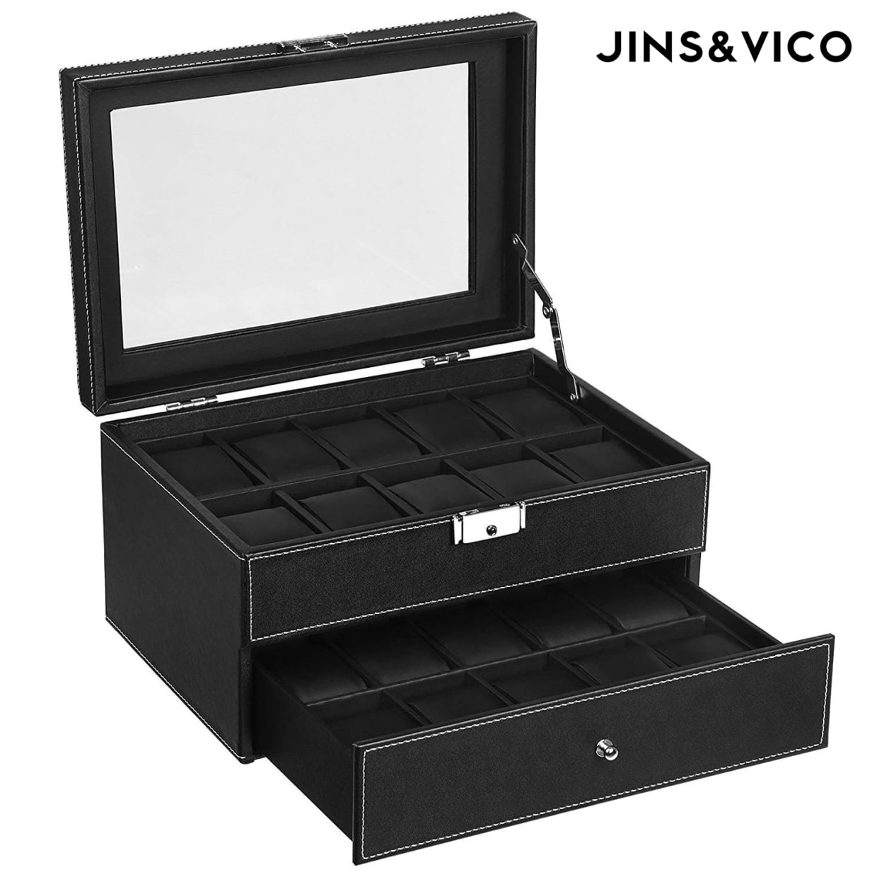 JINS&VICO 20 Position Double Layer Watch Box, Modern Stylish Glass Top Display Organizer with 20 ...