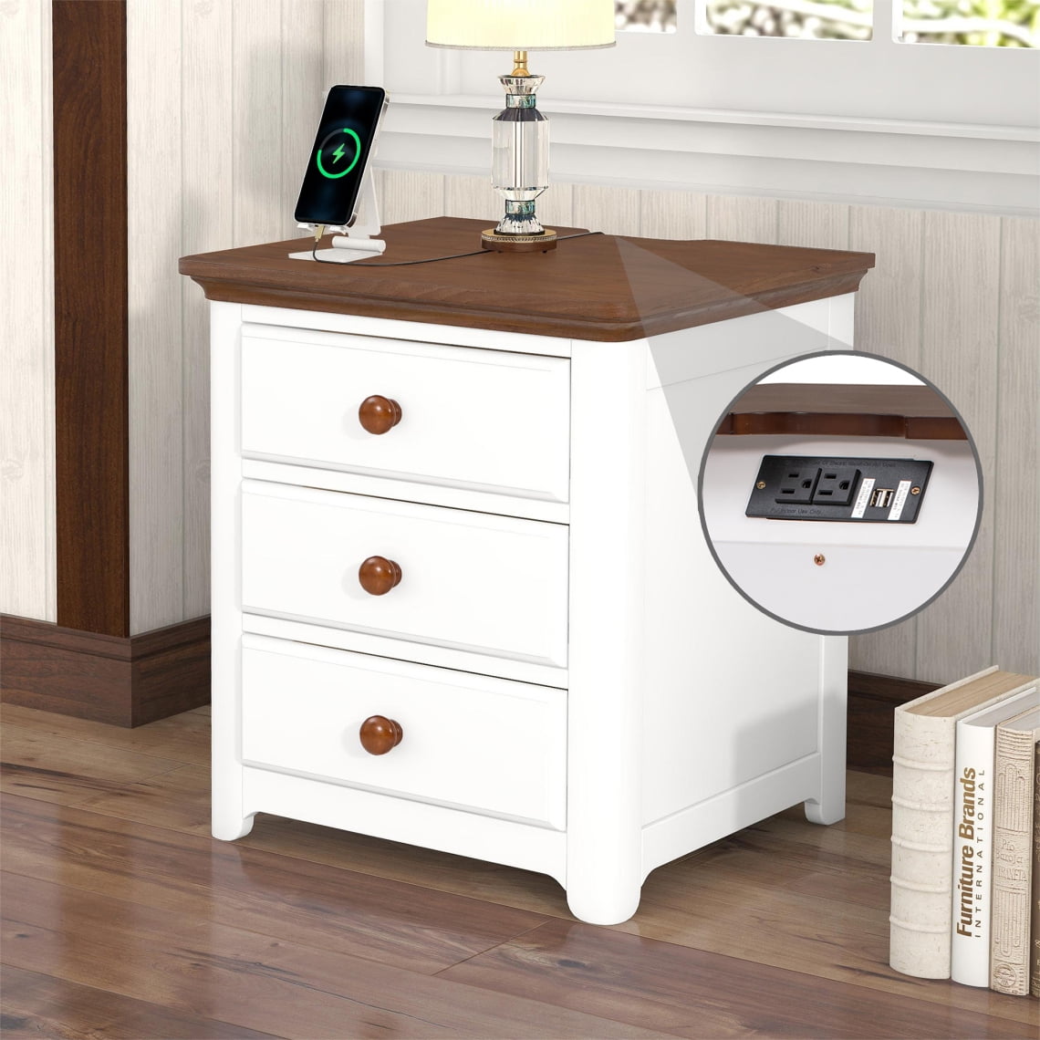 JINS&VICO 20" Wooden Nightstand, Bed Side Table with Charging Station(2 ...