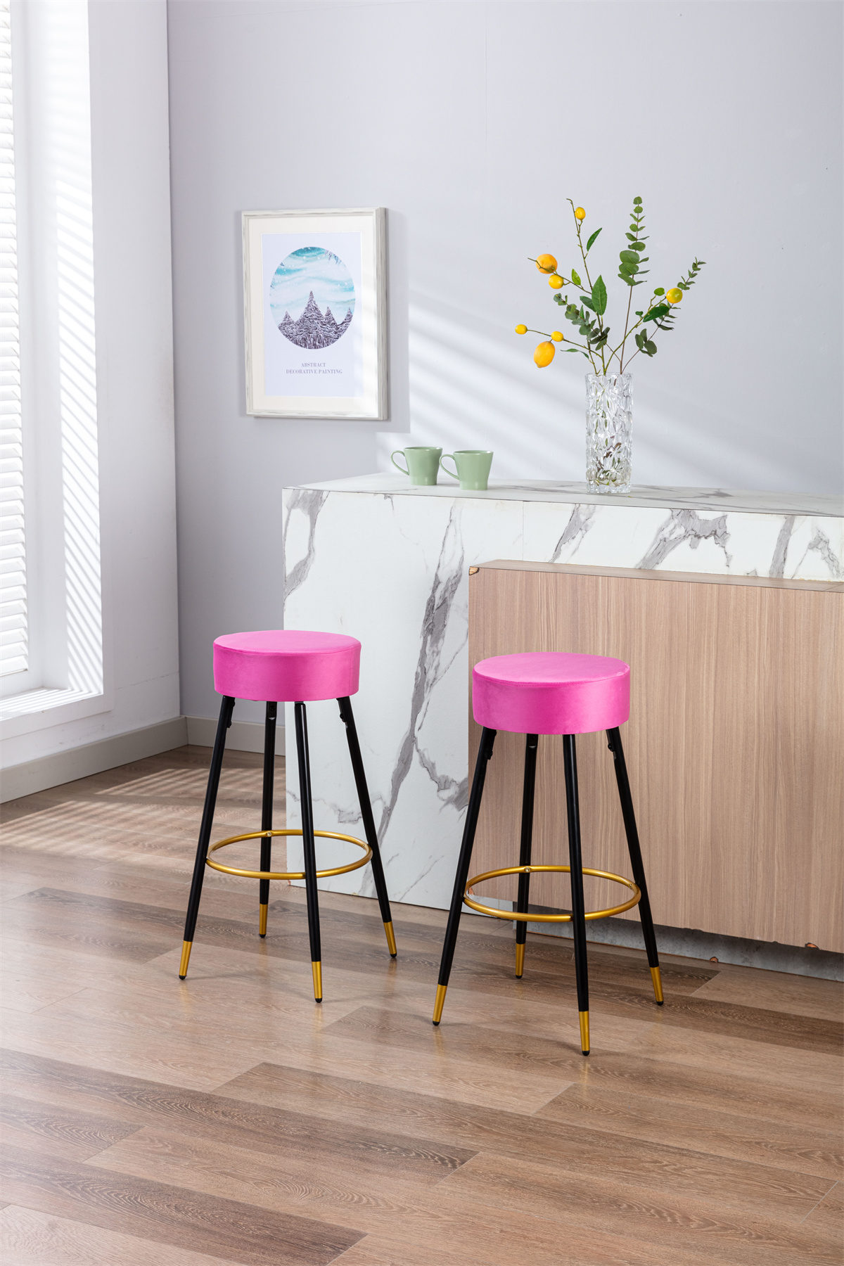 JINS&VICO Bar Stools Set of 2,Velvet Upholstered Round Bar Chairs with ...