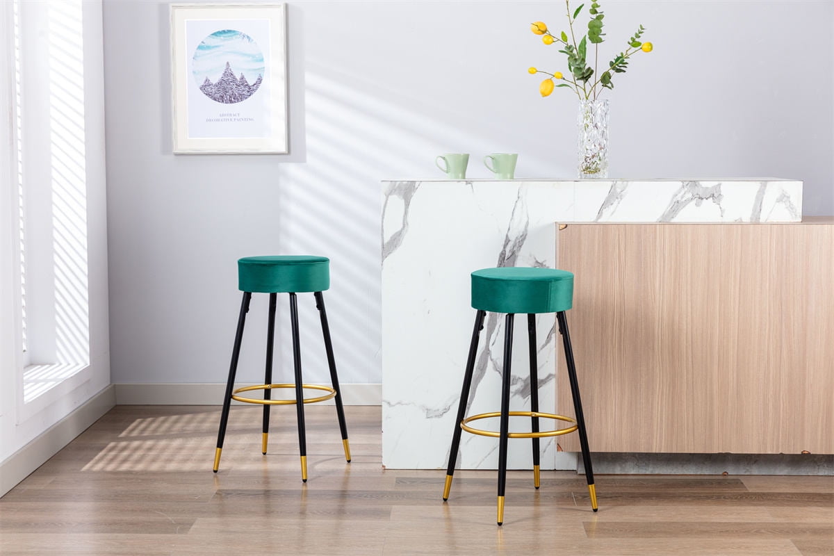 JINS&VICO Bar Stools Set of 2,Velvet Upholstered Round Bar Chairs with ...