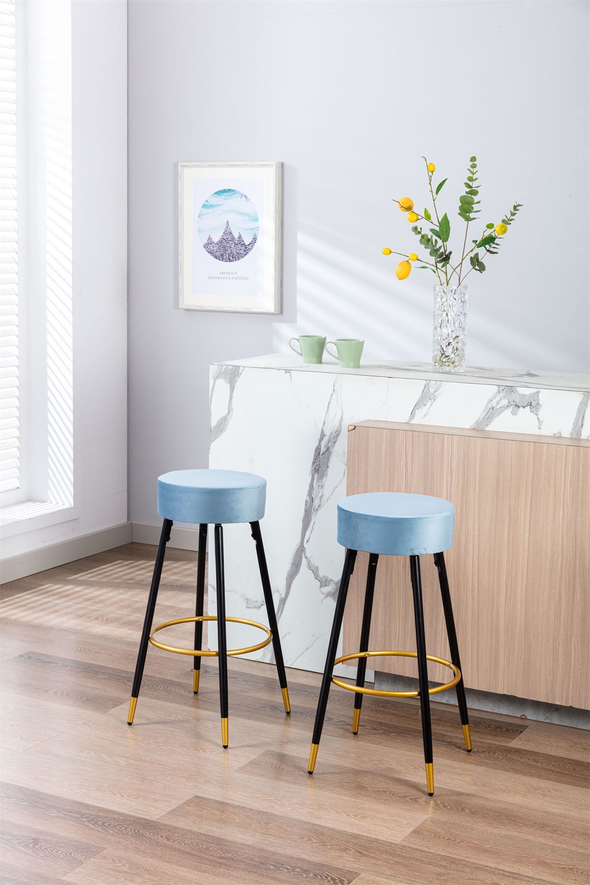 JINS&VICO Bar Stools Set of 2,Velvet Upholstered Round Bar Chairs with ...