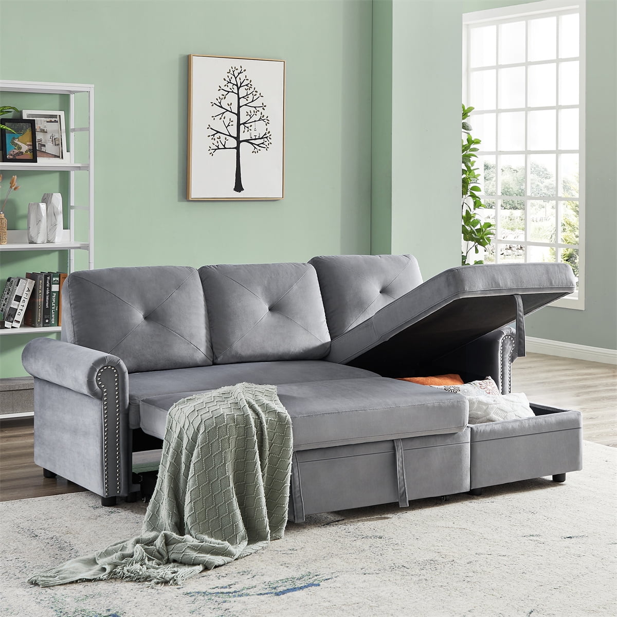 JINS&VICO Convertible Velvet Sectional Sofa Couch Sleeper Sofa Bed ...