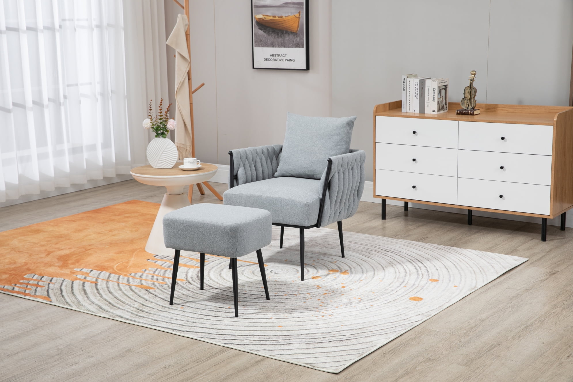 JINS & VICO Modern Linen Storage Accent Chair with Ottoman, Light Gray ...