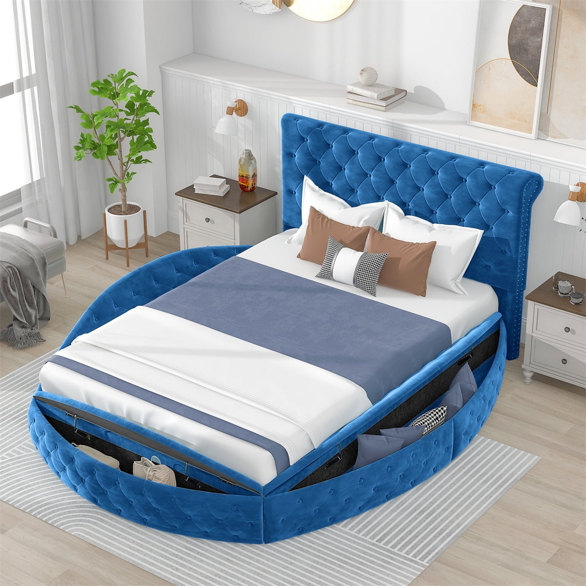 JINS&VICO Queen Size Round Shape Platform Bed with Velvet Upholstered ...