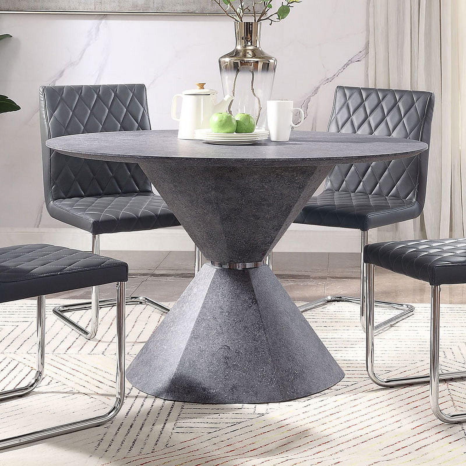 JINS&VICO Single Pedestal Base Wooden Top Dining Table, Faux Concrete ...