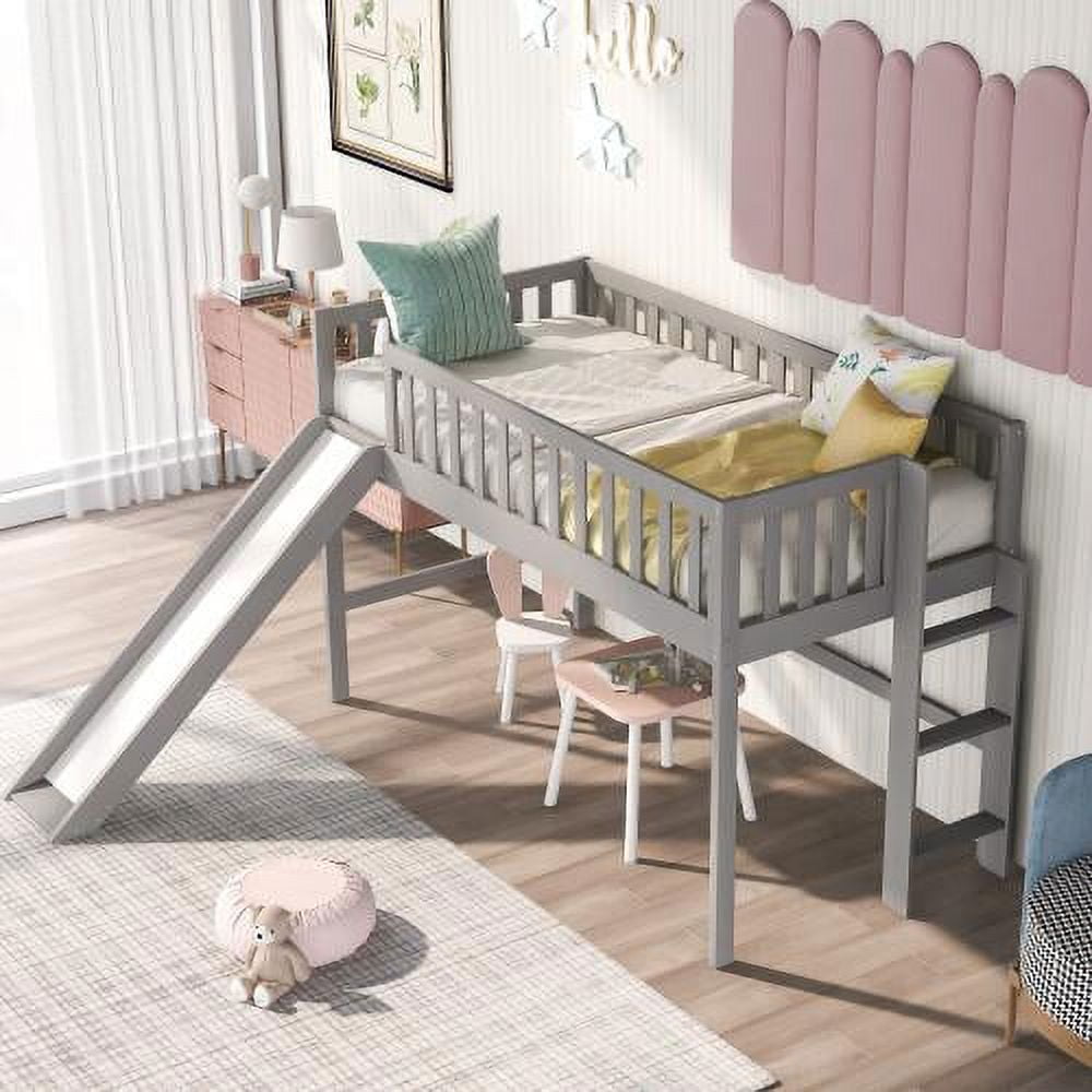 JINS&VICO Solid Wood Twin Low Loft Bed with Slide, Wood Low Profile ...