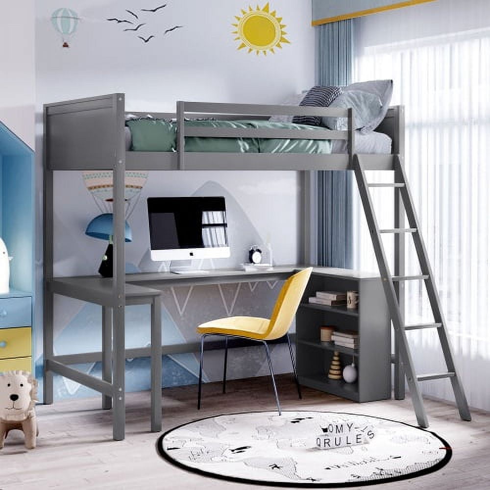 JINS & VICO Twin Size Loft Bed with 3 Storage Shelves and Built-in Desk ...