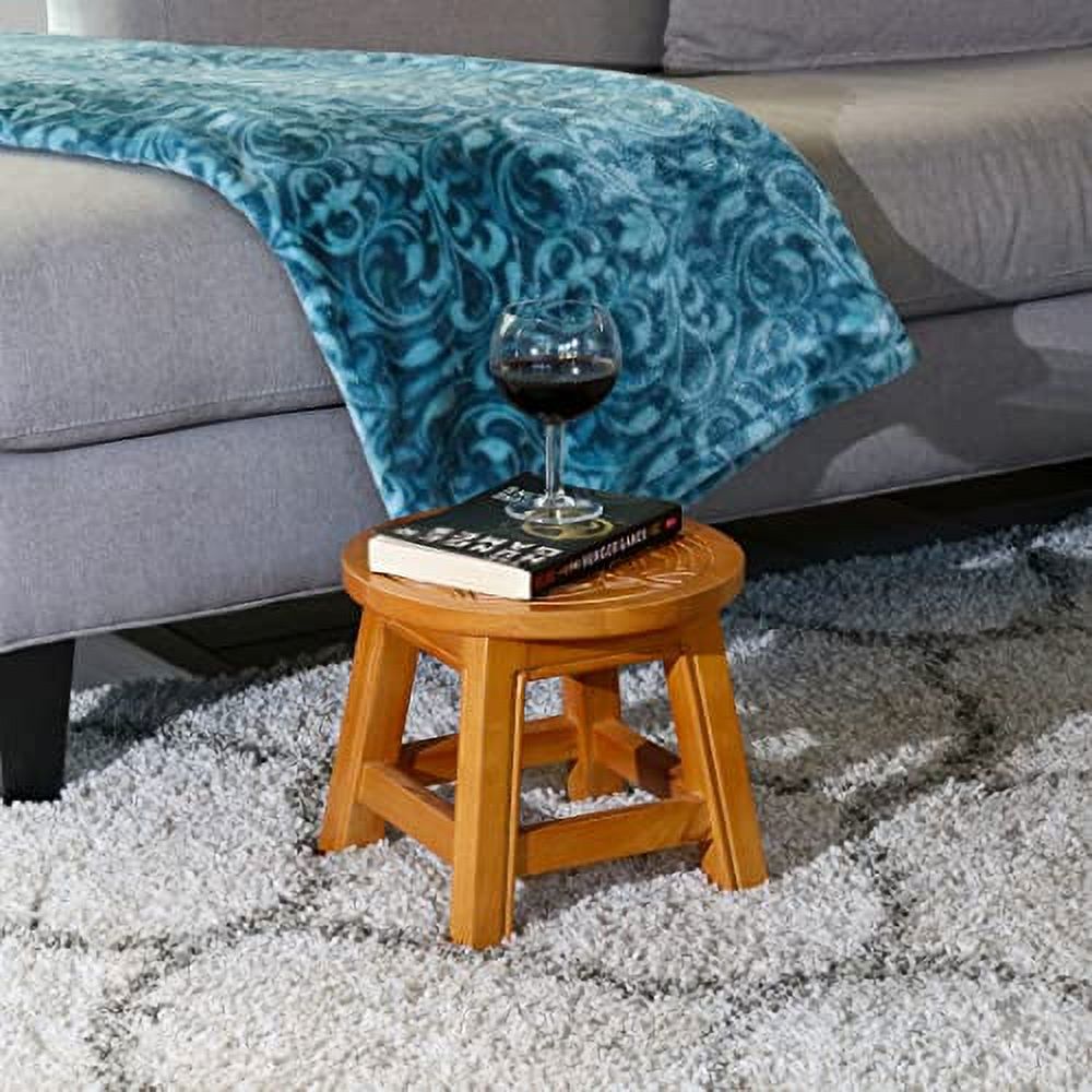 JINS&VICO Wooden Step Stool, Round Mini Side Table, Carved with Floral ...