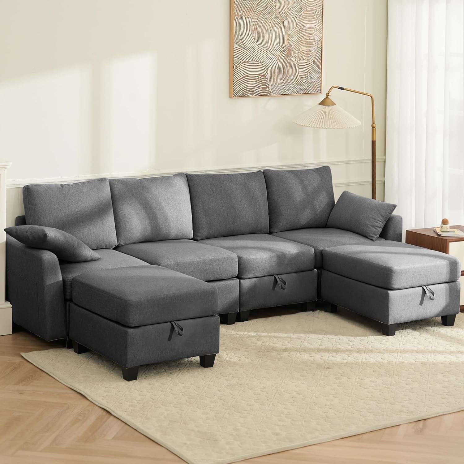 JINSEED Sectional Sofa Convertible 4 Seats U-Shaped Couch, Linen Fabric ...