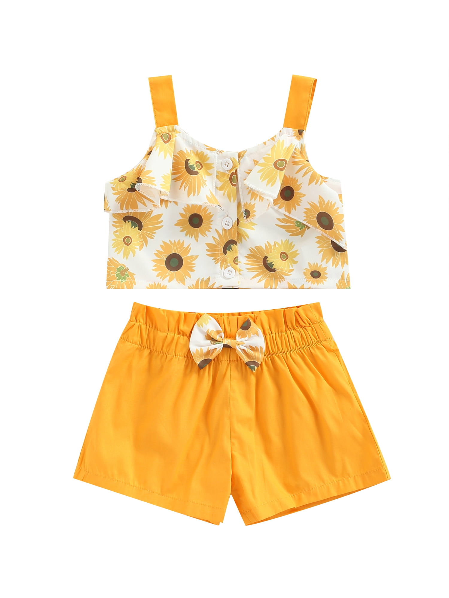 JINSIJU 2Pcs Girls Summer Outfits, Sunflower Print Frilly Sleeveless ...