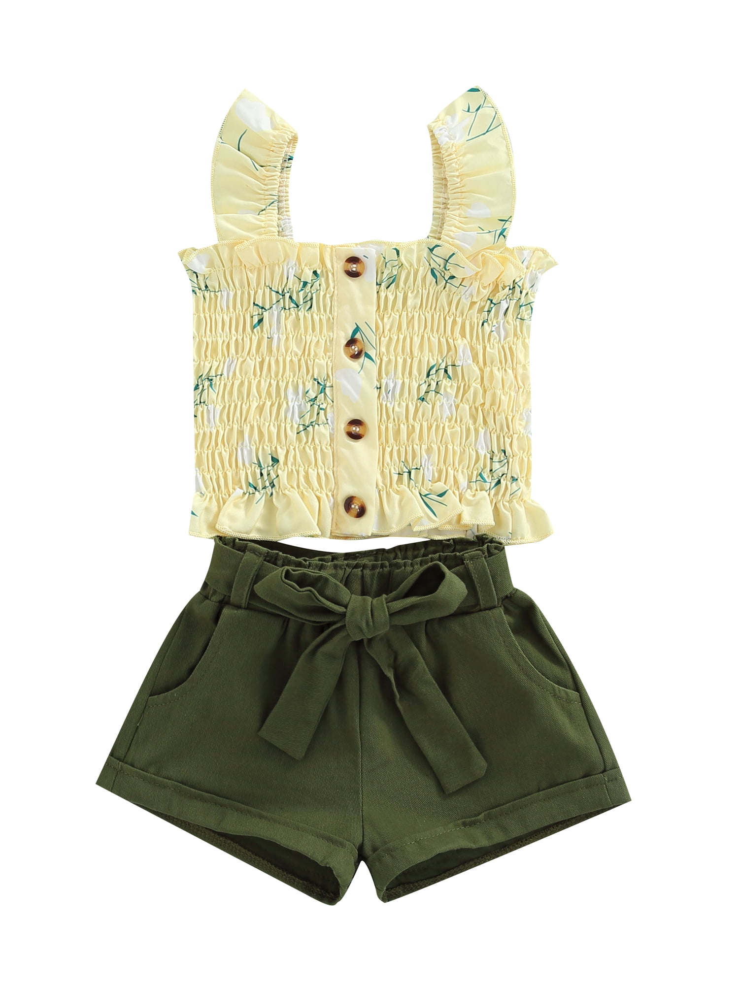 JINSIJU Little Girls Two-Piece Clothes Outfit, Wide Strap Ruffle Ruched ...
