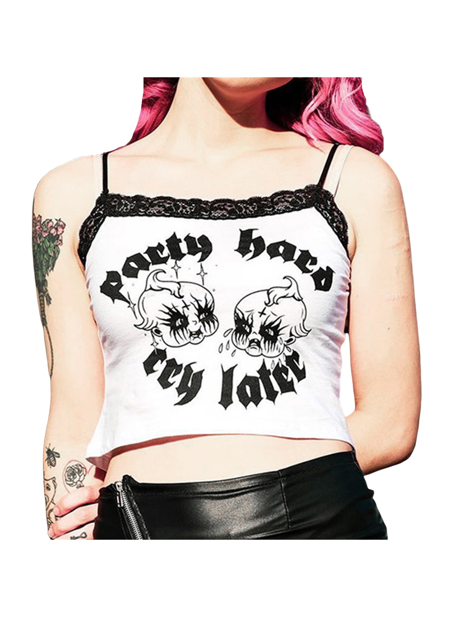 JINSIJU Women’s Gothic Lace Trim Camisole Cartoon Printing U-neck ...