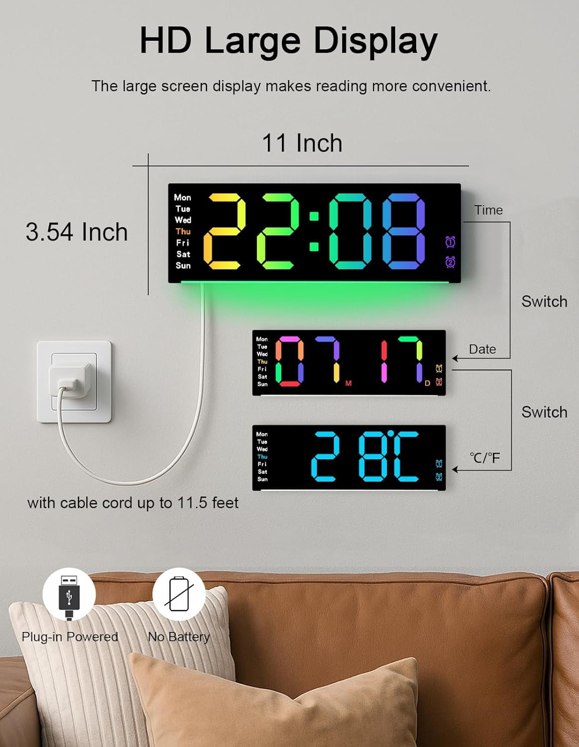 JINYUN-12" Digital Wall Clock Large Display with Remote Control, RGB ...