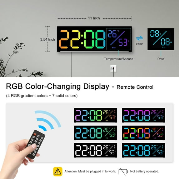 JINYUN-12" RGB Color LED Digital Wall Clock with Remote Control ...