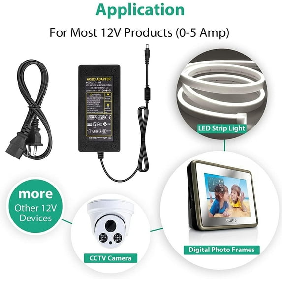 JINYUN-12V 5A Power Supply, LED Strip Adapter, 120V AC to DC ...