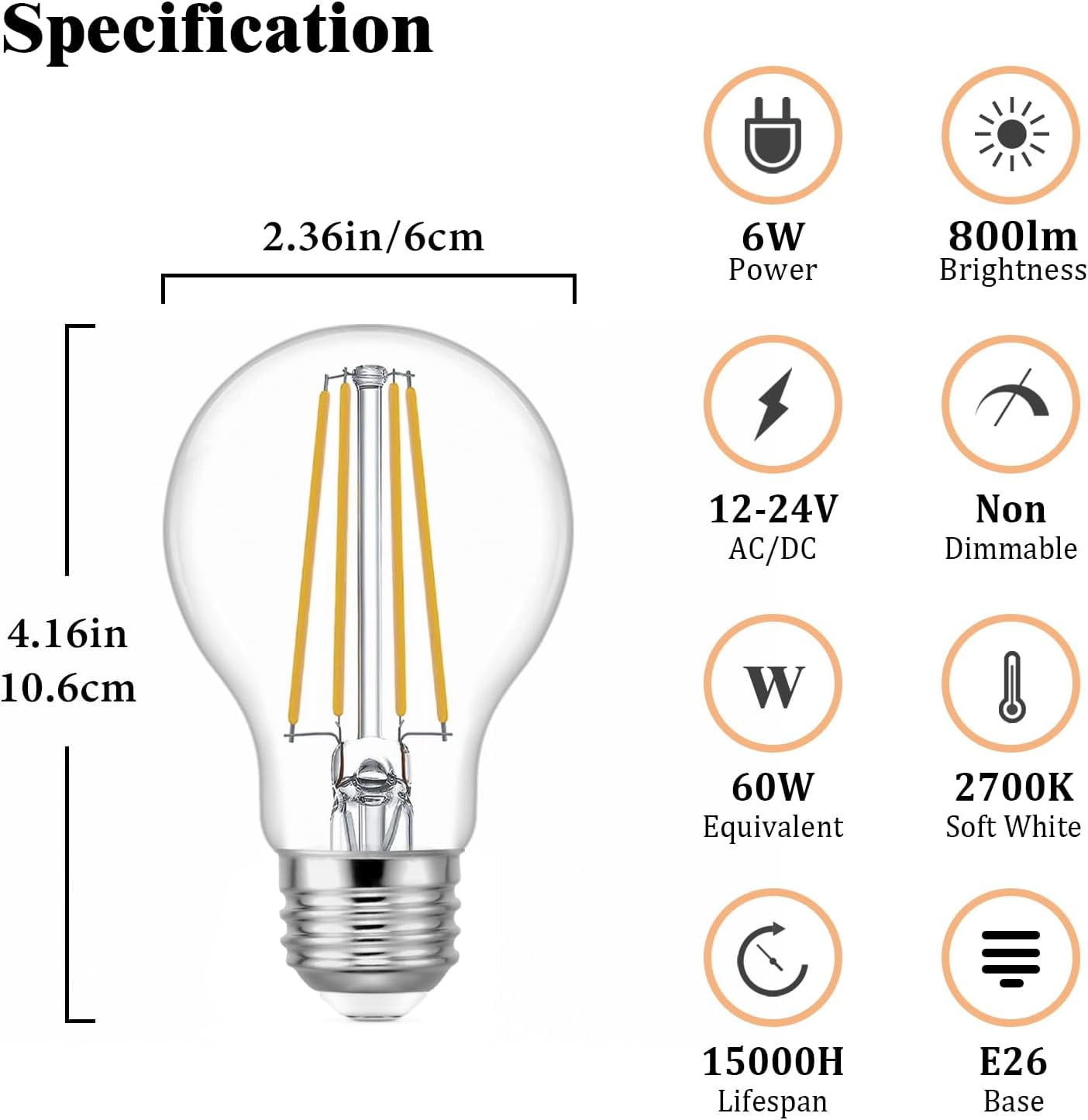 JINYUN-12V LED Bulb, 60 Watt Equivalent, 12-24V AC/DC, Soft White 2700K ...