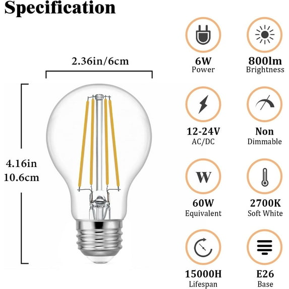 JINYUN-12V LED Bulb, 60 Watt Equivalent, 12-24V AC/DC, Soft White 2700K ...