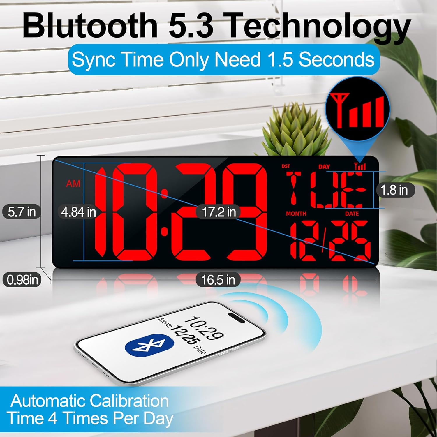JINYUN-17.2" Large Digital Wall Clock Bluetooth Auto Time Sync Digital ...