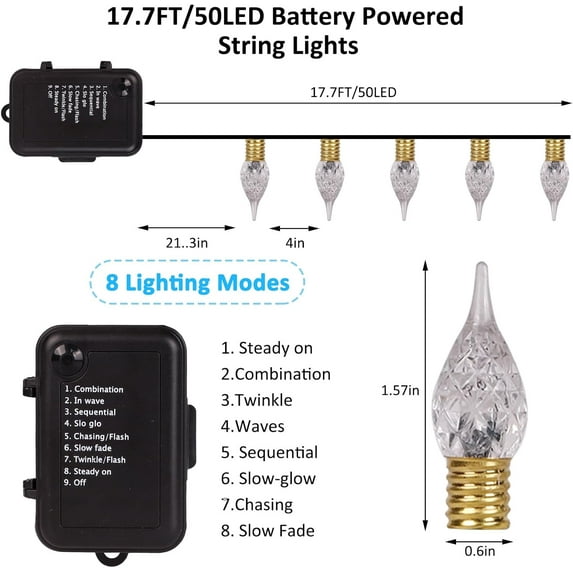 JINYUN-2 Pack Each 17.7FT 50LED Fairy Lights Single Spike Bulb String ...