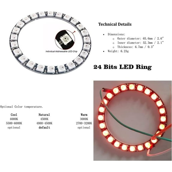 JINYUN-24 Bits WS2812 RGB LED Ring SMD 5050 Addressable LED String ...