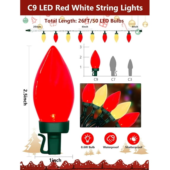 JINYUN-26FT C9 Red and White Christmas String Lights, Outdoor Christmas ...