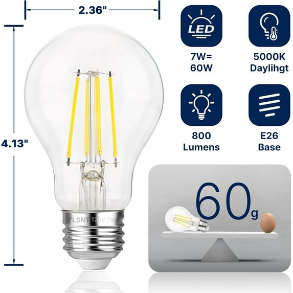 JINYUN-60W Equivalent Dimmable A19 LED Light Bulbs, Efficient 7W ...
