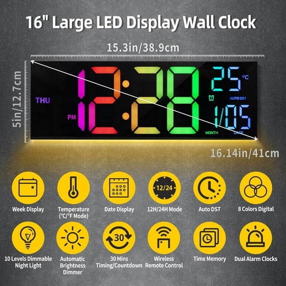 JINYUN-8 Colors Digital Wall Clock, 16.2" Large Digital Clock with ...