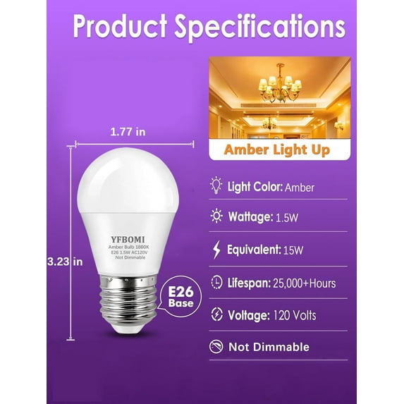JINYUN-Amber Light Sleep Bulb, A15 1.5W 15 Watt Equivalent Light Bulbs ...