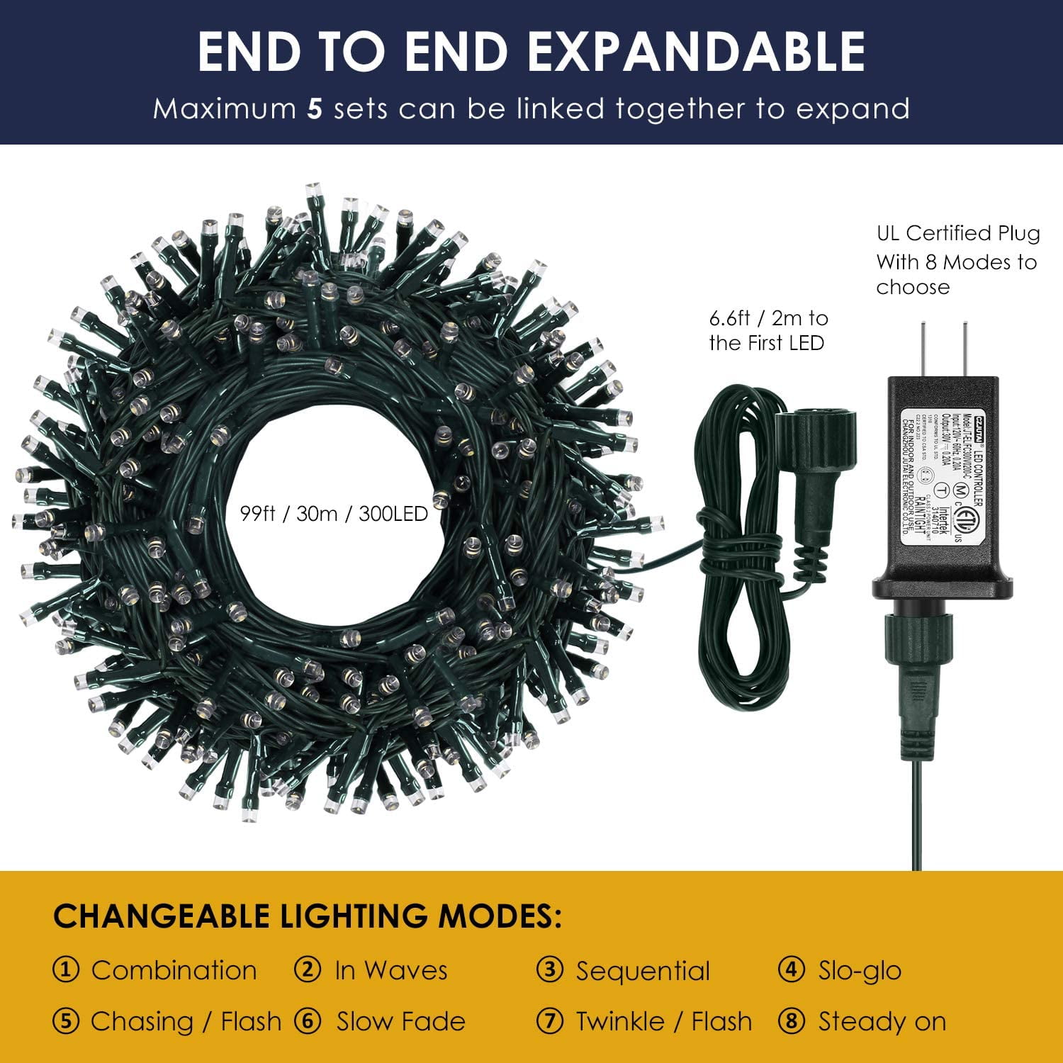 JINYUN-Bright Christmas Lights Outdoor 300 LED String Lights, 100ft ...