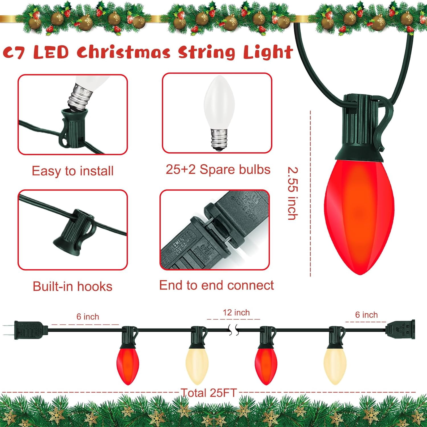 JINYUN-C7 LED Red and White Christmas Lights, 25Ft Outdoor Christmas ...